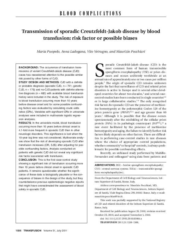 (PDF) Transmission of sporadic Creutzfeldt-Jakob disease by blood ...