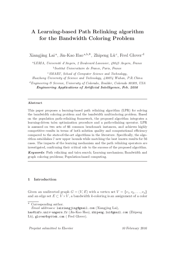 Pdf A Learning Based Path Relinking Algorithm For The Bandwidth Coloring Problem Fred Glover 