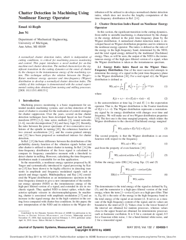 (PDF) Chatter Detection in Machining Using Nonlinear Energy Operator