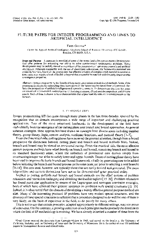 (PDF) FUTURE PATHS FOR INTEGER PROGRAMMING AND LINKS TO ARTIFICIAL INTELLIGENCE