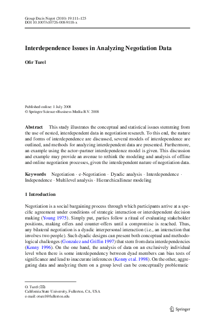 (PDF) Interdependence Issues in Analyzing Negotiation Data