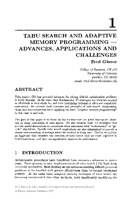 (PDF) TABU SEARCH AND ADAPTIVE MEMORY PROGRAMMING - ADVANCES, APPLICATIONS AND CHALLENGES