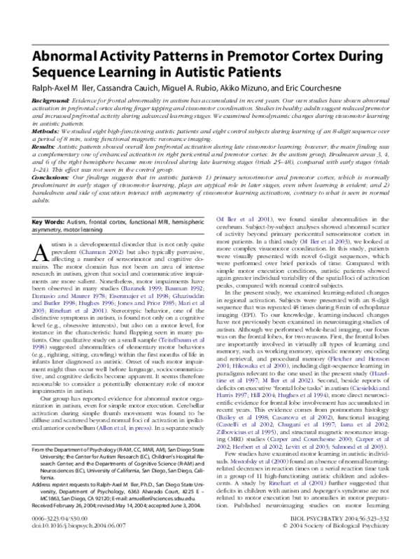 (PDF) Abnormal activity patterns in premotor cortex during sequence learning in autistic patients