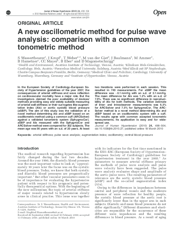 (PDF) A new oscillometric method for pulse wave analysis: comparison ...