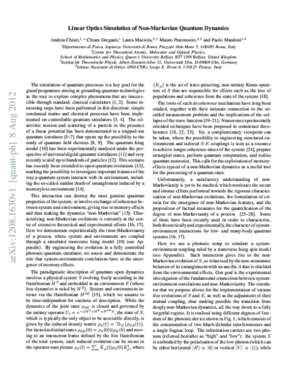 (PDF) Linear Optics Simulation of Quantum Non-Markovian Dynamics