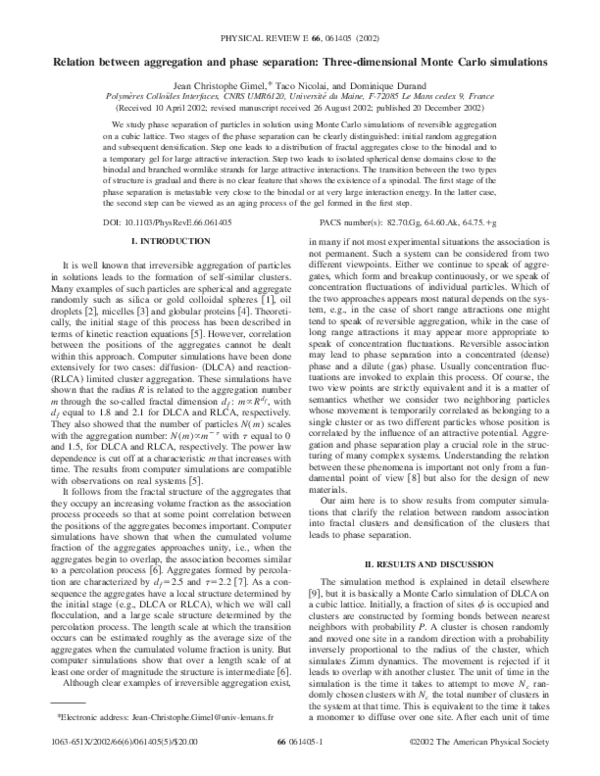 Pdf Relation Between Aggregation And Phase Separation Three Dimensional Monte Carlo Simulations