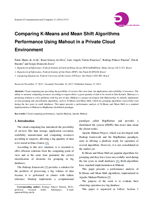 (PDF) Comparing K-Means and Mean Shift Algorithms Performance Using Mahout in a Private Cloud ...