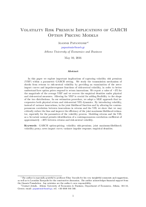 (PDF) Volatility Risk Premium Implications of GARCH Option Pricing Models