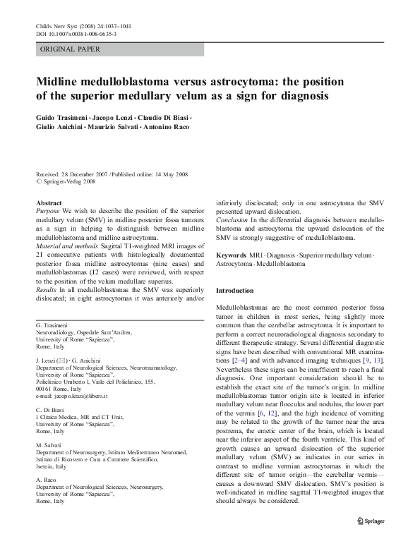 (PDF) Midline medulloblastoma versus astrocytoma: the position of the ...
