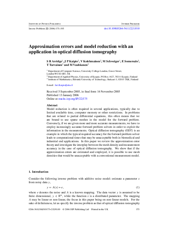 (PDF) Approximation errors and model reduction with an application in optical diffusion tomography