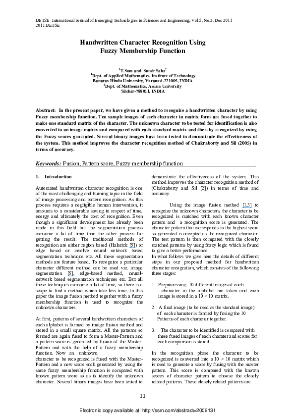 (PDF) Handwritten Character Recognition Using Fuzzy Membership Function