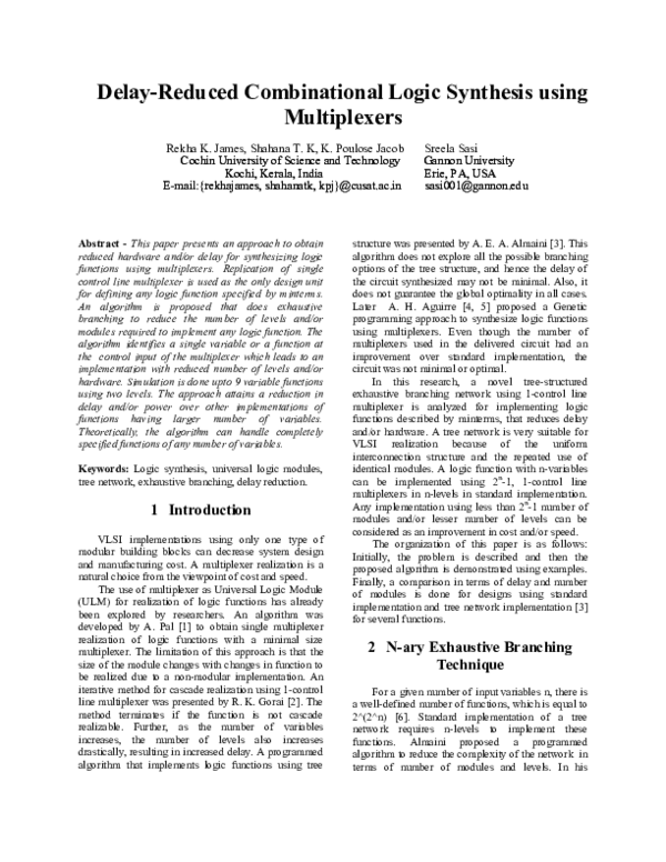 Pdf Delay Reduced Combinational Logic Synthesis Using Multiplexers Sreela Sasi
