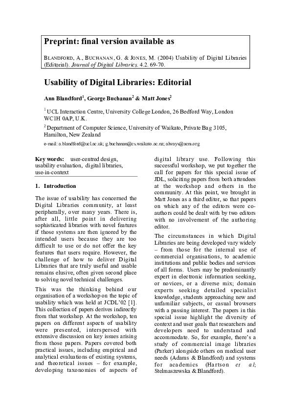 (PDF) Usability of digital libraries