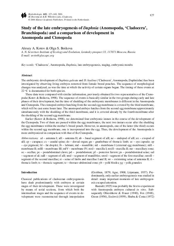 (PDF) Study of the late embryogenesis of Daphnia (Anomopoda,‘Cladocera ...