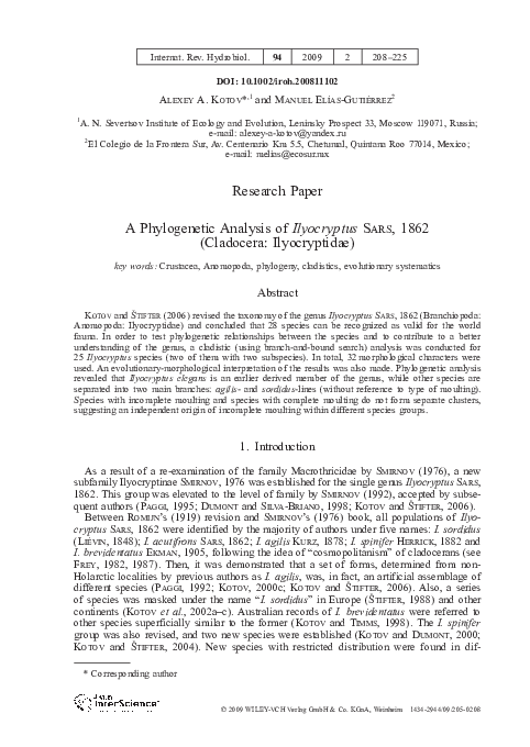 (PDF) A Phylogenetic Analysis of Ilyocryptus Sars, 1862 (Cladocera ...