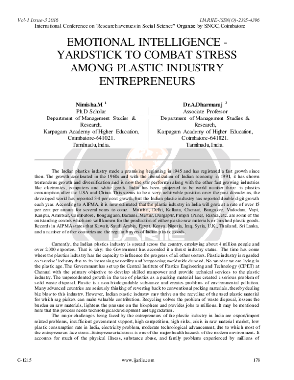 (PDF) EMOTIONAL INTELLIGENCE - YARDSTICK TO COMBAT STRESS AMONG PLASTIC ...