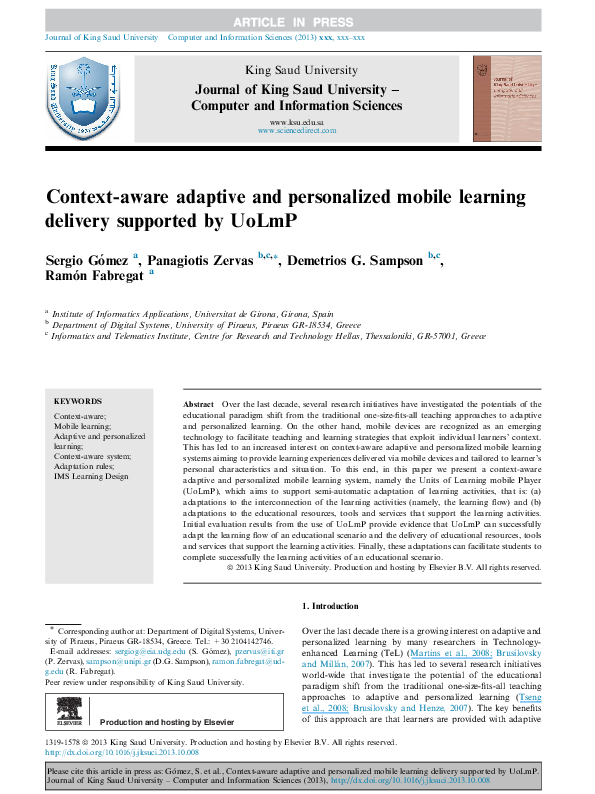 (PDF) Context-aware adaptive and personalized mobile learning delivery supported by UoLmP