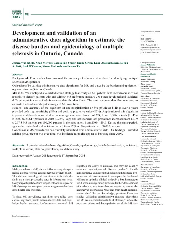 (PDF) Development and validation of an administrative data algorithm to estimate the disease ...