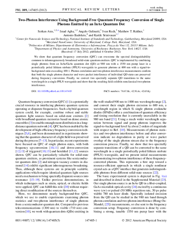 Pdf Two Photon Interference Using Background Free Quantum Frequency