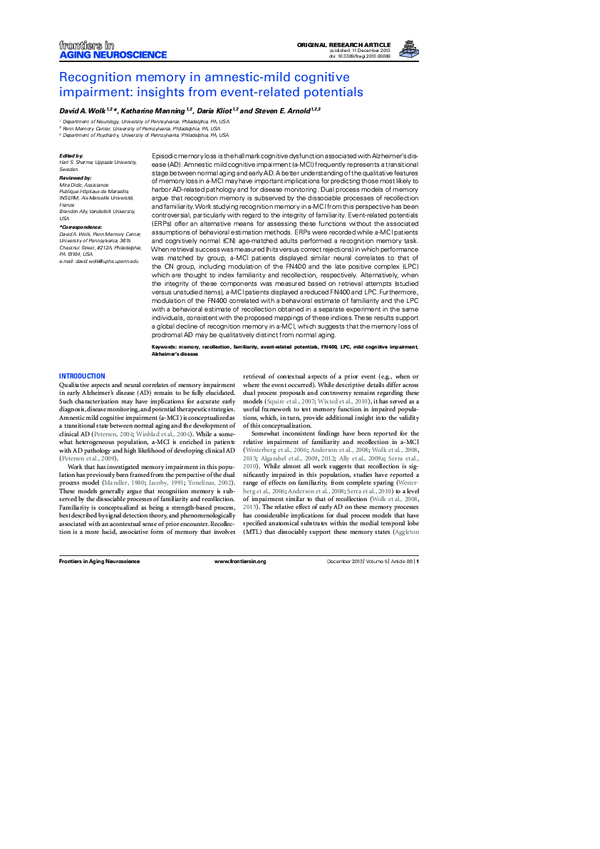 (PDF) Recognition memory in amnestic-mild cognitive impairment: insights from event-related ...
