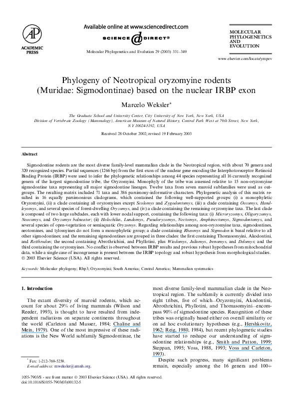 (PDF) Phylogeny of Neotropical oryzomyine rodents (Muridae ...