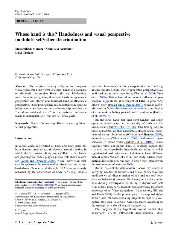 (PDF) Whose hand is this? Handedness and visual perspective modulate ...