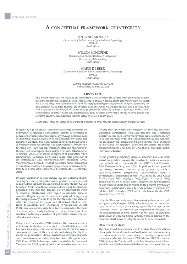 (PDF) A conceptual framework of integrity