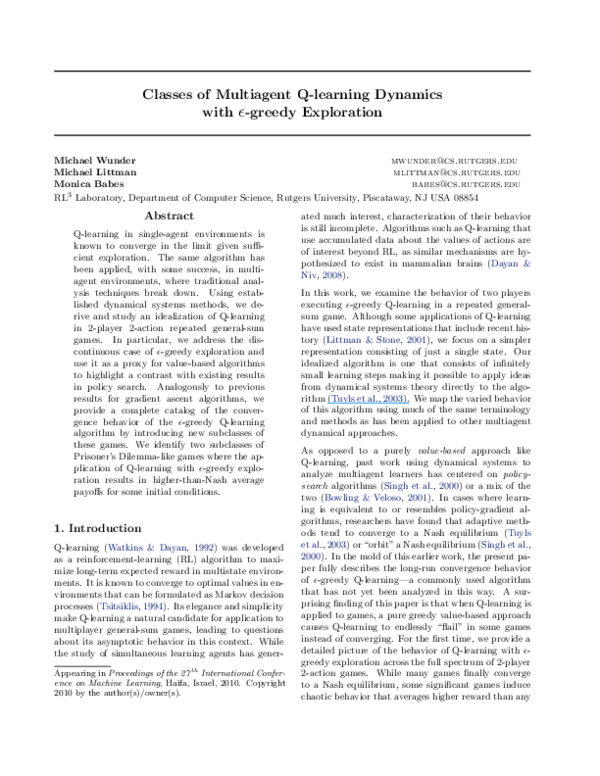 Pdf Classes Of Multiagent Q Learning Dynamics With Epsilon Greedy Exploration