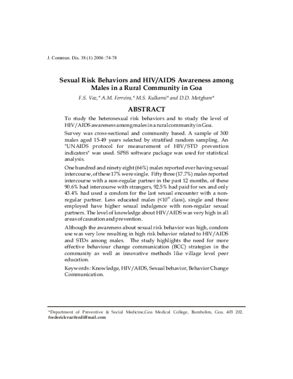 Pdf Sexual Risk Behaviors And Hivaids Awareness Among Males In A 5636