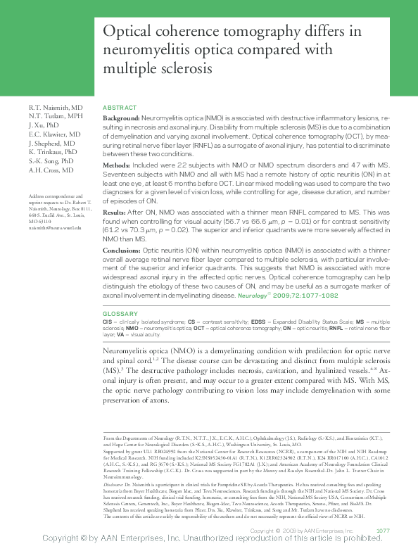 (PDF) Optical coherence tomography differs in neuromyelitis optica compared with multiple sclerosis