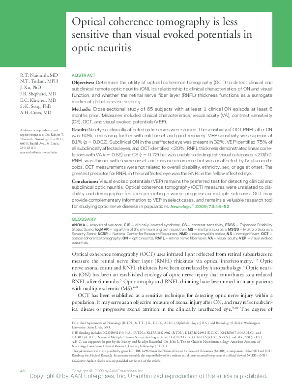 (PDF) Optical coherence tomography is less sensitive than visual evoked potentials in optic neuritis