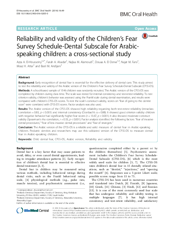(PDF) Reliability and validity of the Children's Fear Survey Schedule ...