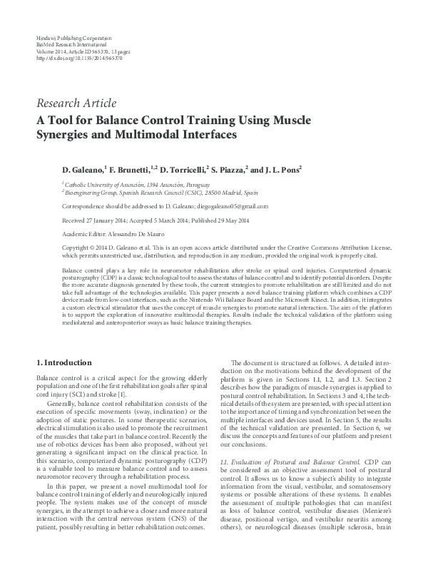(PDF) A tool for balance control training using muscle synergies and ...
