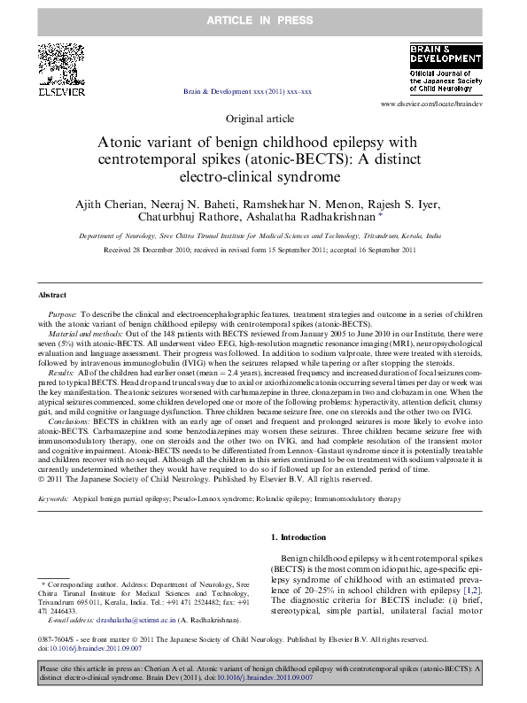 (PDF) Atonic variant of benign childhood epilepsy with centrotemporal ...