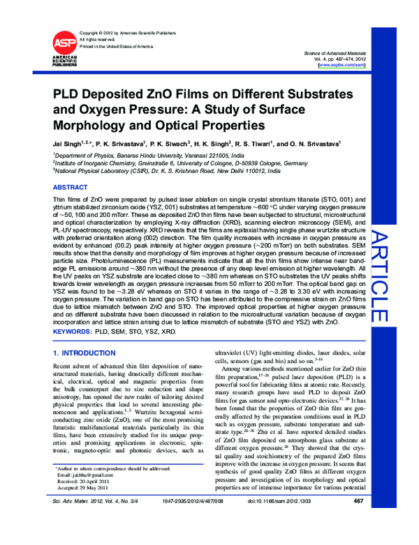 (PDF) PLD deposited ZnO films on different substrates and oxygen ...