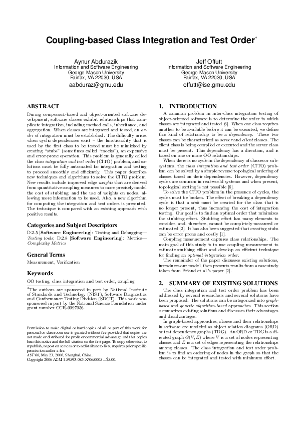 (PDF) Coupling-based class integration and test order