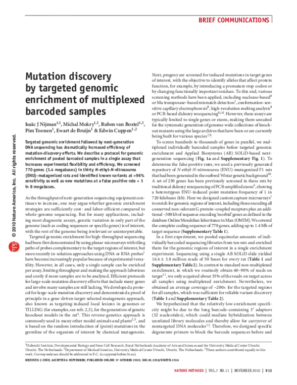 (PDF) Mutation discovery by targeted genomic enrichment of multiplexed barcoded samples