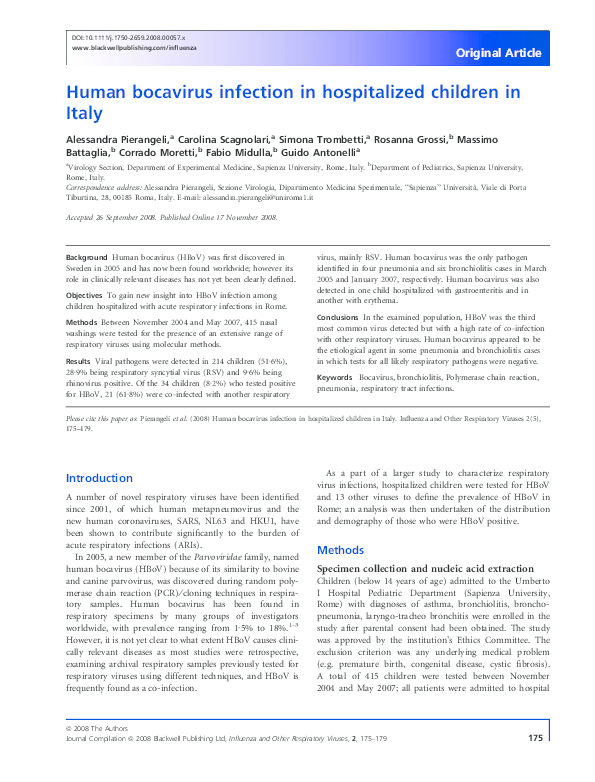 (PDF) Human bocavirus infection in hospitalized children in Italy