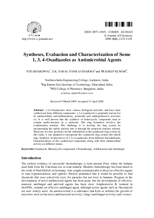 (PDF) Syntheses, Evaluation and Characterization of Some 1, 3, 4-Oxadiazoles as Antimicrobial Agents