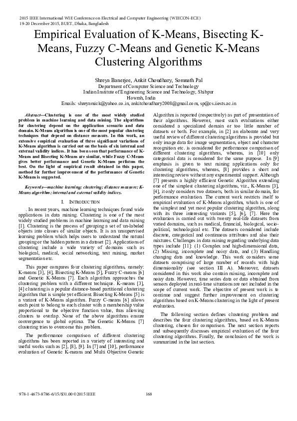 Pdf Empirical Evaluation Of K Means Bisecting K Means Fuzzy C Means And Genetic K Means