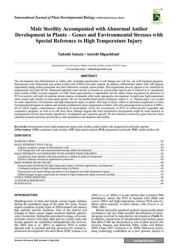 Male Sterility Accompanied with Abnormal Anther Development in Plants ...