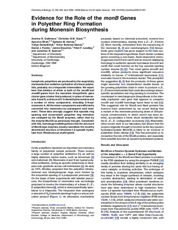 (PDF) Evidence for the Role of the monB Genes in Polyether Ring ...