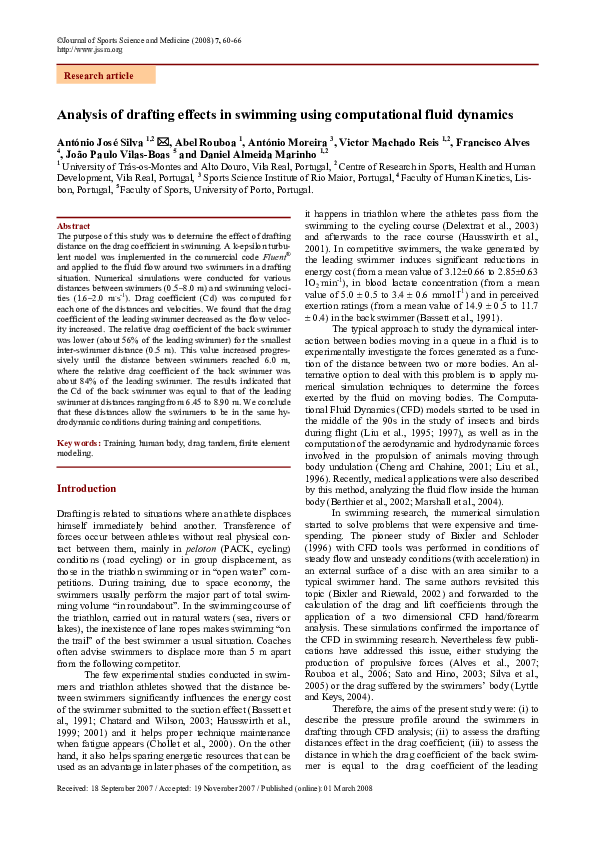 (PDF) Analysis of drafting effects in swimming using computational fluid dynamics