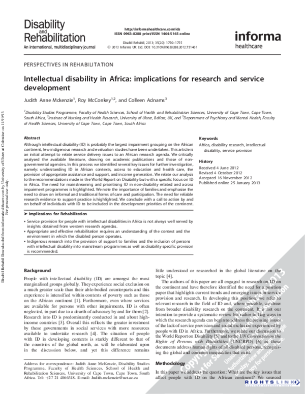 (PDF) Intellectual disability in Africa: implications for research and ...