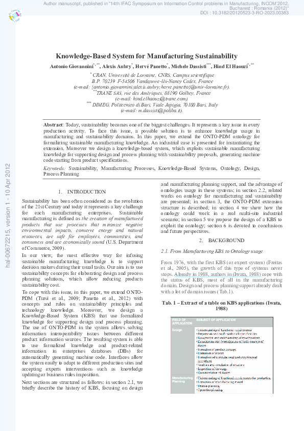 (PDF) Knowledge-based system for manufacturing sustainability