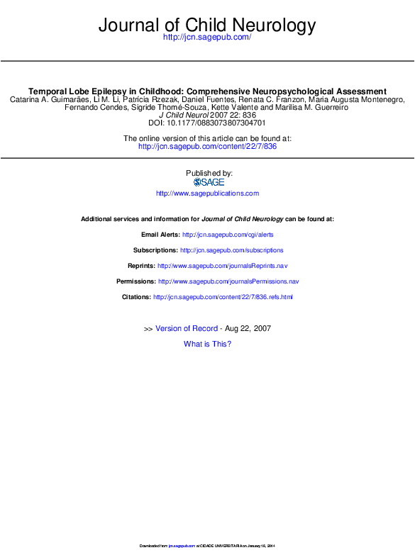 (PDF) Temporal Lobe Epilepsy in Childhood: Comprehensive Neuropsychological Assessment