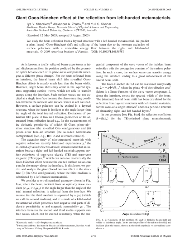 (PDF) Giant Goos-Hänchen effect at the reflection from left-handed ...