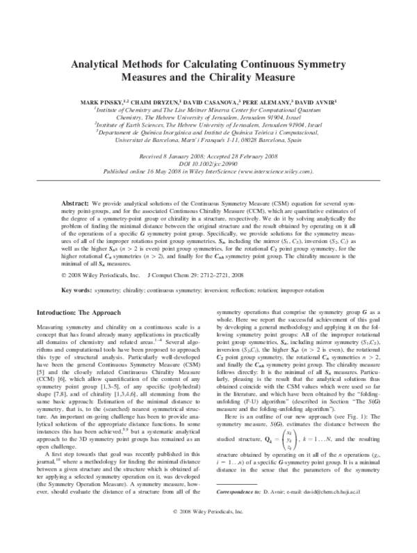 Pdf Analytical Methods For Calculating Continuous Symmetry Measures And The Chirality Measure
