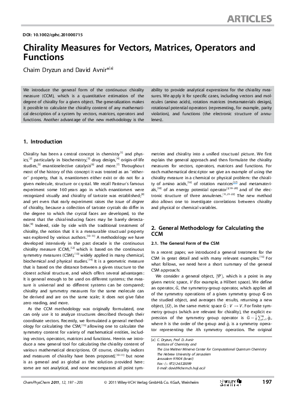 (PDF) Chirality Measures for Vectors, Matrices, Operators and Functions