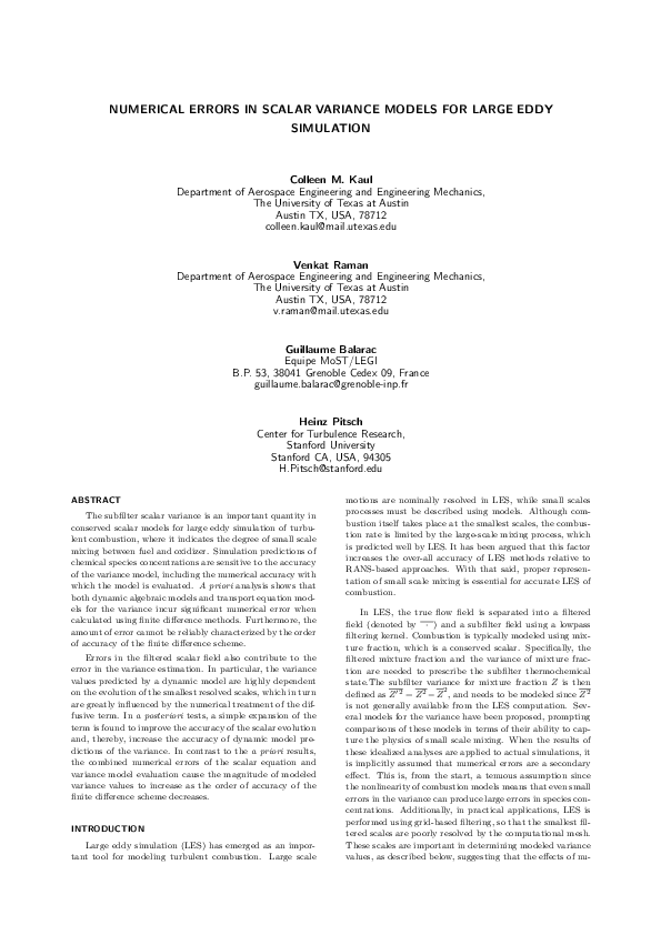 Pdf Numerical Errors In Scalar Variance Models For Les Guillaume Balarac